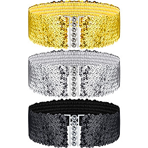 3 Pieces Sequin Belt for 70s 80s Costume Party, Disco Party Costume Wide Waist Elastic Cinch Belt Cheerleader Stretchy Belt for Women Girl Metal Buckle Glitter (Gold Silver Black)