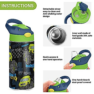 Monster Truck Car Kids BPA Free Water Bottle 14 oz Insulated Stainless Steel Toddler Flask with Leak Proof Lid Double Walled Kids Water Cup for Kids - Green