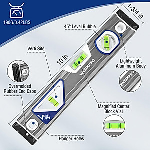 WORKPRO 10 Inch Torpedo Level, Small Leveler Tool, 3 Bubble Vials, Verti. Site, for Conduit Bending, Aluminum Alloy Construction