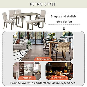 GLORHOME 6-Piece Retro-Style Set Table, 4 Upholstered Chairs & Bench | Foam-Covered Seat Backs & Cushions | Ideal for Dining Room | Light Khaki+Beige