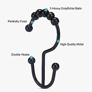 Shower Curtain Hooks, Goowin Shower Curtain Rings, Rust Proof Metal Black Shower Curtain Hooks, Free Sliding Shower Curtain Hooks, Double Shower Curtain Rings for Curtain & Liners, Black
