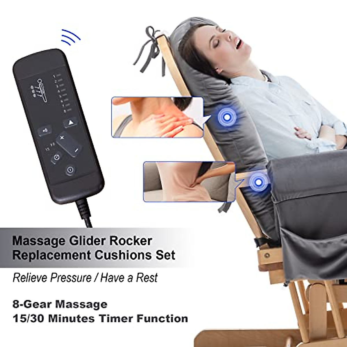 Paddie Dark Grey Massage Glider Rocker Replacement Cushions with Storage Velvet Washable Non Slip for Glider Rocking Chair, 5PCS