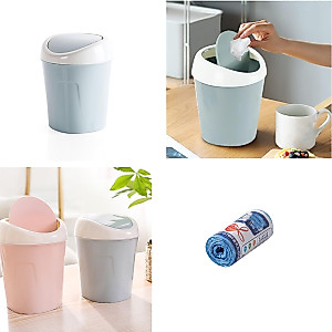 AISIBO Plastic Mini Desktop Trash Can with Trash Bags, Tiny Wastebasket Small Garbage Waste Bin with Swing Lid for Tabletop Table Office Kitchen Bedroom Bathroom (Blue)