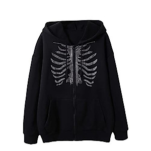 MakeMeChic Women's Plus Size Casual Pockets Skeleton Zip Up Hoodie Sweatshirt Black 3XL