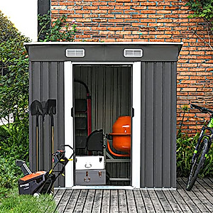 6 x 4 FT Outdoor Storage Shed, Metal Outside Sheds & Outdoor Storage with Sliding Doors and Vents, Steel Garden Shed Outdoor Utility Tool Shed with Pent Roof for Backyard Patio Garden Lawn, Grey