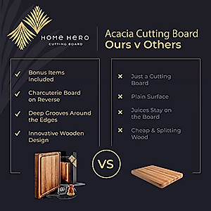 Home Hero X Large Wood Cutting Board 1.5" Thick, Reversible Acacia Wood Charcuterie Board with Handle, Butcher Block Cheese Board with Deep Groove and Bonus Cleaning Brush & Cheese Knife