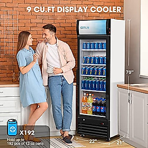 COTLIN Commercial Merchandiser Refrigerator with LED Lighting Single Glass Door, 9.0 Cu Ft Upright Display Beverage Cooler with Extra Shelves Drink Holders, ETL NSF Approved