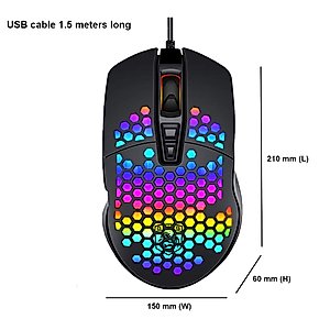 Lightweight Gaming Mouse, Honeycomb USB Wired Mouse with Backlight, 4000 DPI, RGB Computer Gaming Mouse for Mac, Laptop, PC (Black)