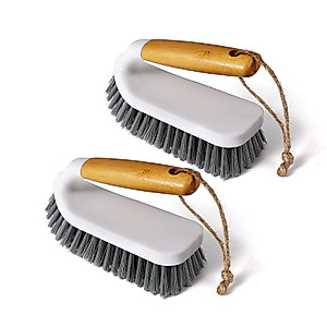 Eyliden Scrub Brush, 2 Pack Heavy-Duty Stiff Bristles Cleaning Brush, Natural Bamboo Handle, Multi Purpose Scrub Brushes for Bathroom Floor Tub Shower Kitchen Sink Carpet & Other Surface, Grey+White