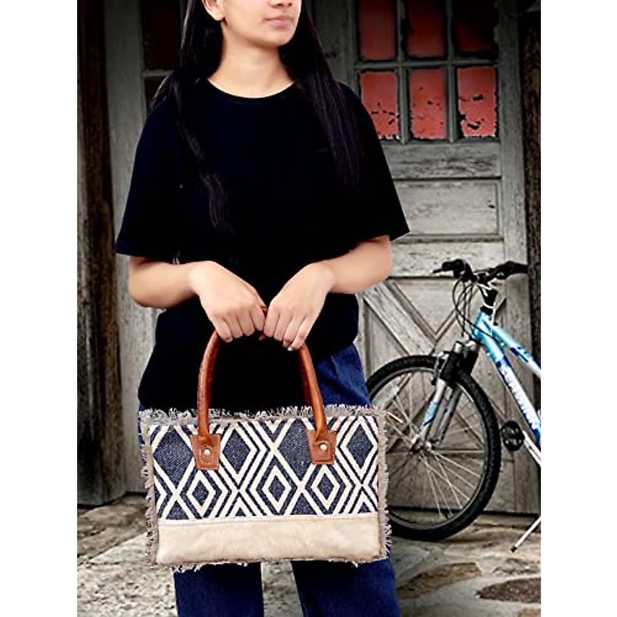 Ruzioon Upcycled Canvas Hand Bag, Upcycled Canvas & Cowhide Leather Tote Bag, Canvas Tote Bag for Women, Canvas Shoulder Bag