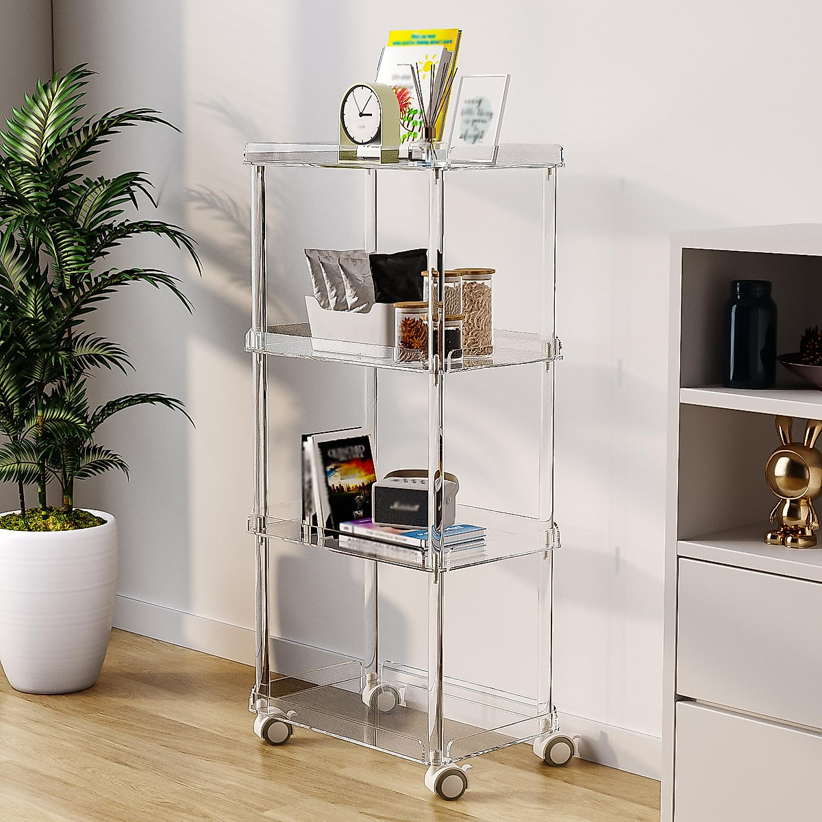 AQUIVER Acrylic Slim Storage Cart - 4 Tiers Narrow Rolling Cart - Utility Cart for Kitchen, Bathroom, Living Room, Laundry - 15.6 '' L x 10.2 '' W x 33.9 '' H
