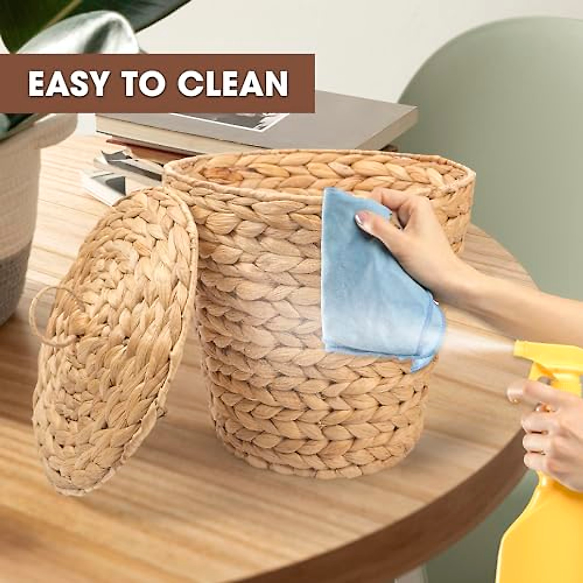 TREVIETDECOR Wicker Trash Can with Lid | Wicker Trash Basket | Wicker Waste Basket for Bathroom, Bedroom, Kitchen, Living Room