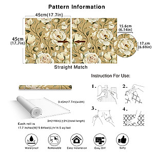 HAOKHOME Vintage Roses Floral Peel and Stick Wallpaper Peonies Removable Yellow/Beige/Olive Vinyl Self Adhesive Mural 17.7in x 9.8ft