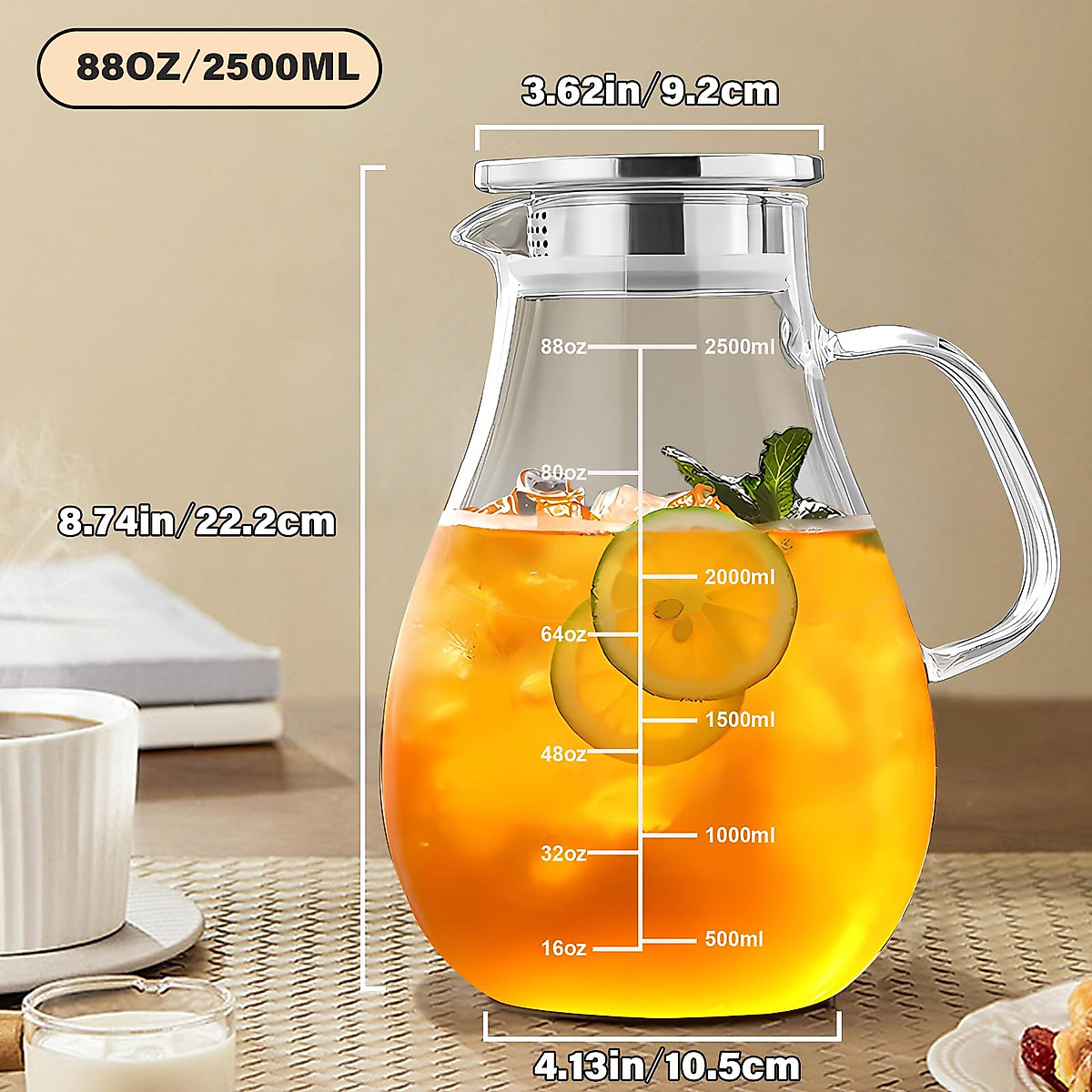 Glass Teapot Stovetop & Microwave Safe, Heatproof Borosilicate Glass Teapot Water Pitcher with Wooden Lid and Removable Filter, Teapot for Loose Leaf and Fruit Tea and Fragrant Tea (2500MI(88OZ))