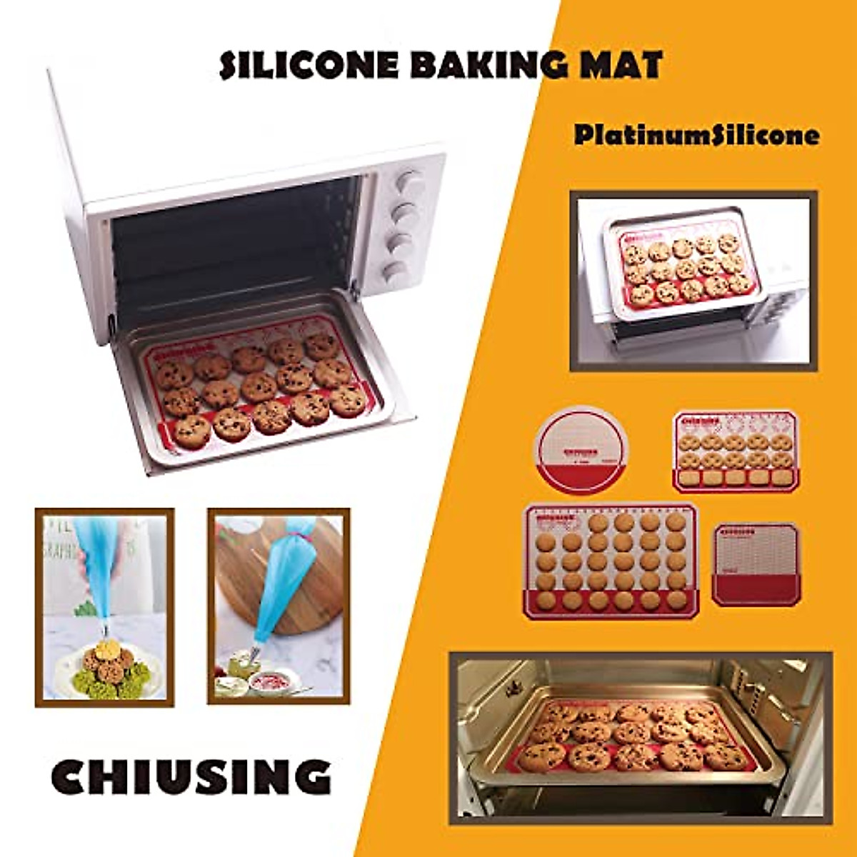 Silicone macaron baking mats with measurements,6 piece BPA free macaron silicone bake pastry mat for cake,cookie,pizza and macaron