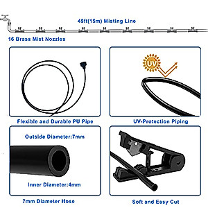 HEMYLU Misting Cooling System, 50FT (15M) Misting Line + 16 Brass Mist Nozzles + Quick Installation Kit Misting System for Outdoor Patio Garden Greenhouse
