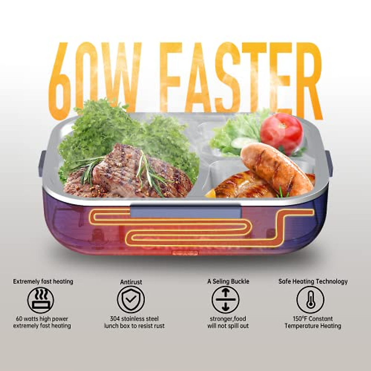 Electric Lunch Box Food Heater 3-in-1 for Car & Home - 60W Warms Flexible 12/24/110 Volts. 1.5 Liter, 3 Compartments, Stainless Steel, Durable, Leakproof, Safe & for Fresh, Hot Meals Boxes for adults