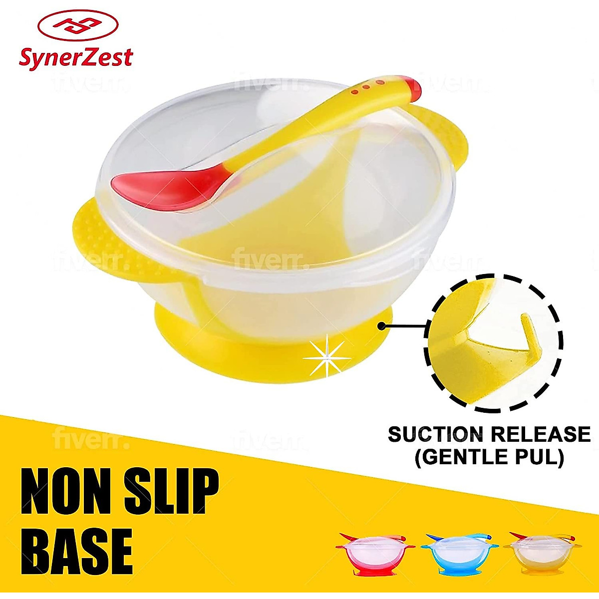 Baby Food Bowl with Thermal Spoon-Holder Cover, Full Silicon Base. (Laboratory Tested Bowl) Toddler Bowl NOT Too Soft/Durable/Quality/Safe for Infant and Elderly (9 Pieces, 3SETS)