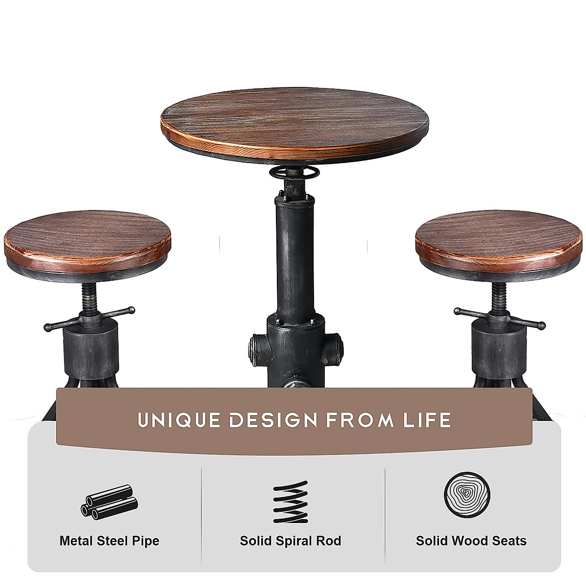 LOKKHAN 3-Piece Bar Table (38.6"-48.4") & 2 Backless Stools (24"-30") Set for Pub Kitchen Dining Living Party Bistro Breakfast, Swivel Top, Height Adjustable, Most Weld, Space-Saving