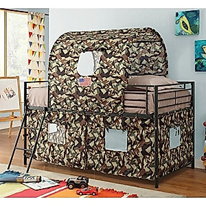 Roseberry Kids Modern Metal Camouflage Loft Bed with Tent Cover in Army Green