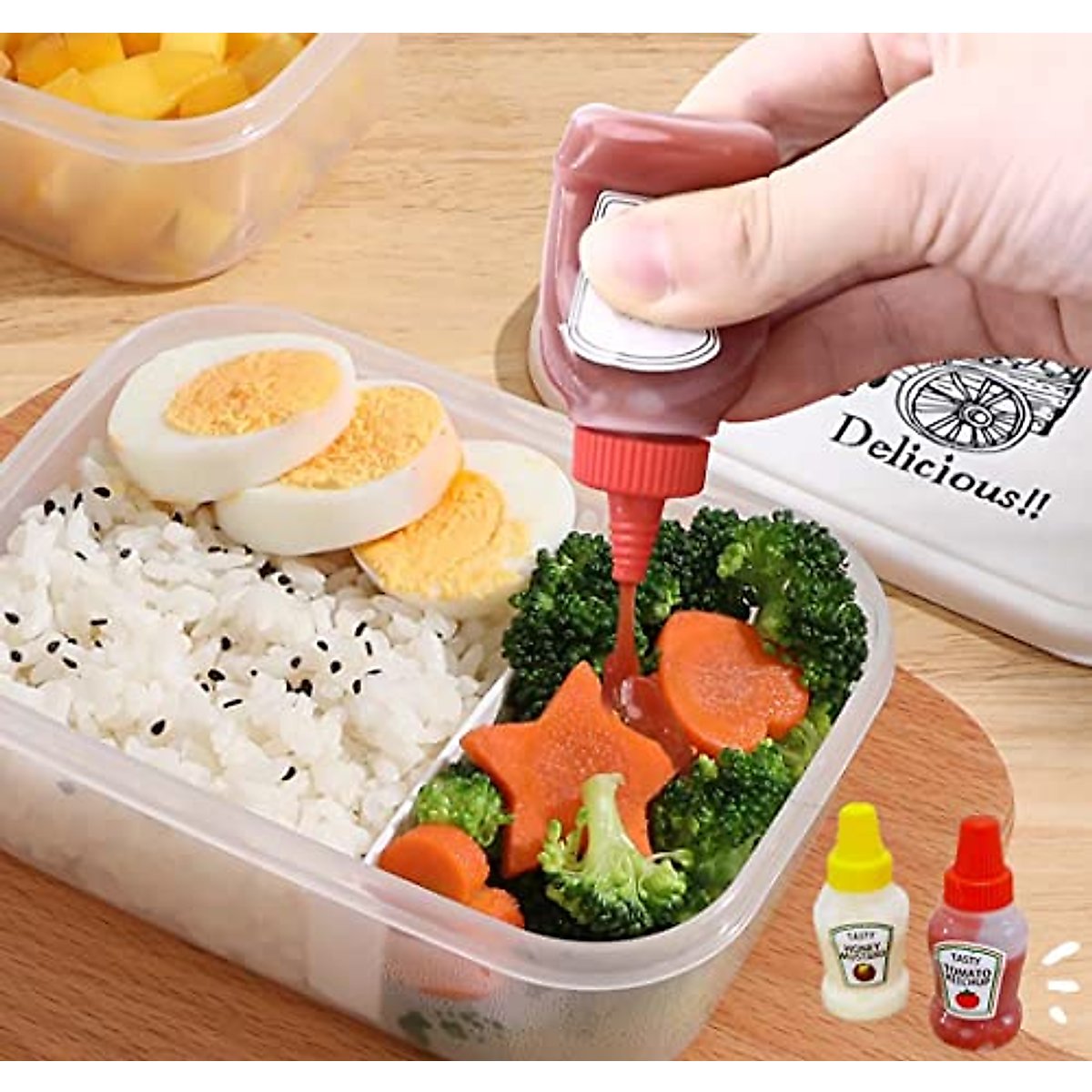 THYULIFE 4Pcs Mini Condiment Squeeze Bottles with Cleaning Brush, 25ml Leakproof Mini Ketchup Sauce Bottles Refillable Ketchup/Soy Sauce/Honey/Salad Dressing Bottles Container for Lunch Box, BPA Free