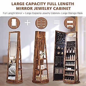 Lvifur 360° Rotating Jewelry Armoire 6 LEDS, Full Length Mirror Large Capacity Jewelry Organizer Armoire, Lockable Floor Standing Mirror for Bedroom, Cloakroom