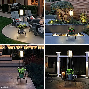 VISFLAIR Metal Solar Floor Lamps Outdoor with Plant Stand, 2 Pack Waterproof Solar Lantern Lights for Patio Deck Yard Garden Porch (Black)