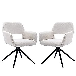 ABET Fluffy Desk Chairs Set of 2, Modern Swivel Accent Home Office Chair No Wheels, Hollow Back & Metal Legs, Faux Fur Vanity Chair for Teen Girls Women Side Armchair for Bedroom Living Room White