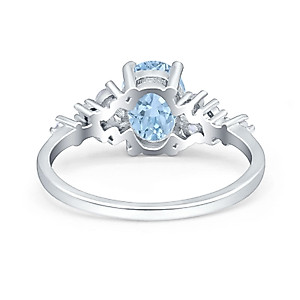 OMRANII Simulated Aquamarine CZ Size-9 Oval Art Deco Bridal Wedding Engagement Ring Round CZ 925 Sterling Silver