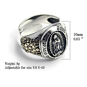 COSUMOSU Sterling Silver Our Lady of Guadalupe Virgin Mary Open Ring Adjustable for men