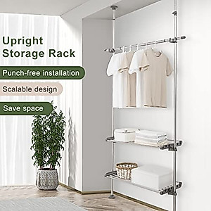 Hershii Indoor Garment Rack Coat Hanger Extendable Clothes Hanging Rails Tension Pole Laundry Room Storage Shelf Heavy Duty Clothing Display Stand Holder Airer Space Saving Organizer - Grey