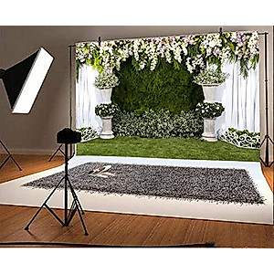 Laeacco Arch Wedding Flowers Backdrop 10x8ft Vinyl Photography Background Stone Planter Flowers White Curtain Green Ivy Wall Decoration Outdoos Ceremony Green Grassfield Backdrop