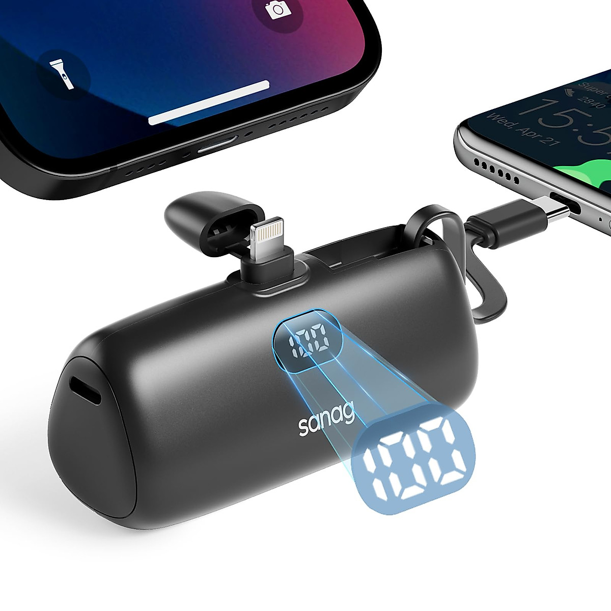 Sanag Portable Charger PD Fast Charging Mini Power Bank 5000mAh Charger with Built-in Cable Stand and LED Display Powerbank Compatible with iPhone 15/14/13/12 Pro Max Samsung Android Phones