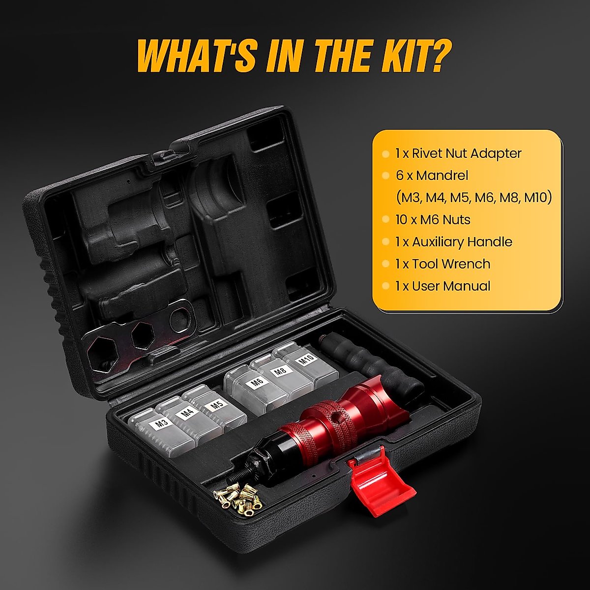 TaskStar Rivet Nut Drill Adapter Kit, Cordless Rivet Nut Tool Adapter Use with Electric Drills and Screwdriver, Rivet Gun Adapter for Drill Rivet Nut Drill Attachment with 6 Mandrels and 10 Nuts