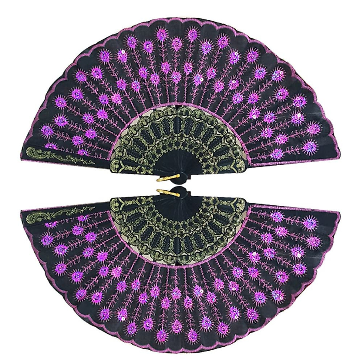 DECHOUS 2pcs Embroidered Sequin Fan Dancing Fans Hand Fans for Women Foldable Fan Sequin Fabric Hand Fan Embroidered Sequin Handheld Fan Folding Fan Vintage Miss The Fabric Purple