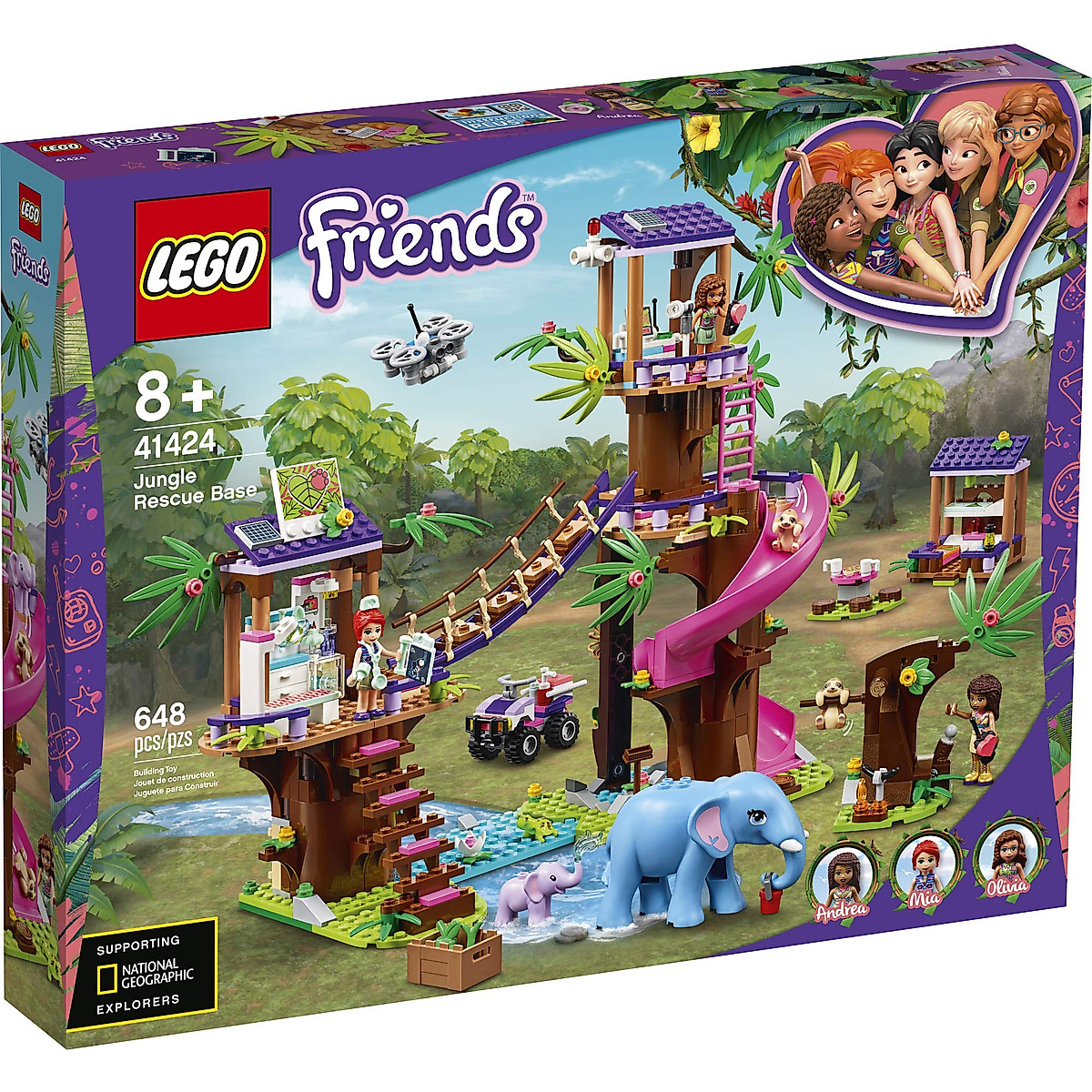 LEGO Friends Jungle Rescue Base 41424 Building Toy for Kids, Animal Rescue Kit That Includes a Jungle Tree House and 2 Elephant Figures for Adventure Fun (648 Pieces)