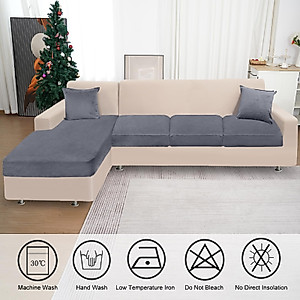 BT.WA Sectional Couch Covers for 4-Piece Seat Cushion Velvet Separate L Shape Couch Cover Stretch Sofa Slipcover with 2 Pieces Pillowcases Furniture Protector (Sofa 3 Seater + 1 Chaise, Dark Grey)