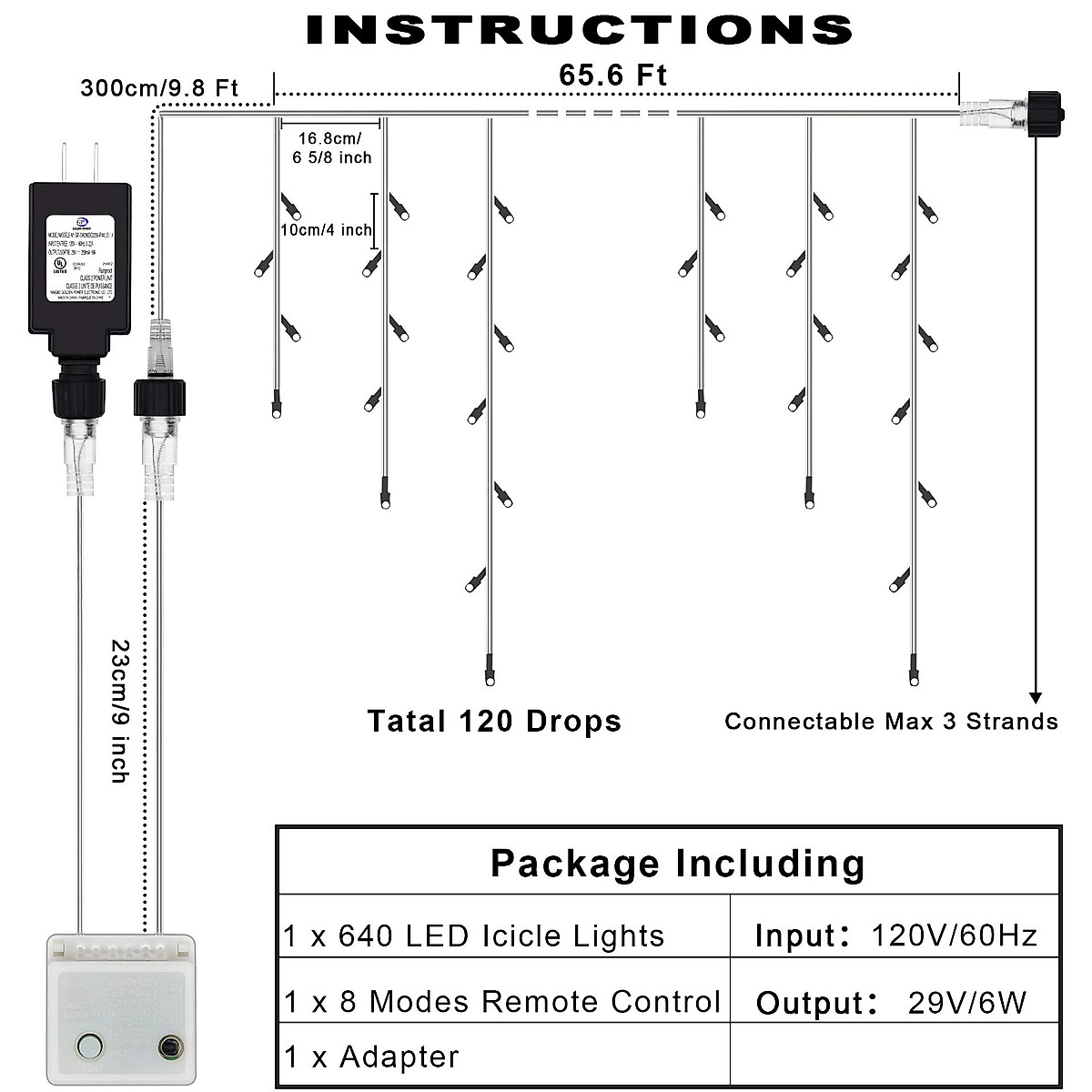LED Icicle Lights, 640 LED Christmas Lights, 65.6ft 8 Modes Plug in Fairy String Lights with 120 Drops for Indoor Bedroom Outdoor Window, Christmas Party Decoration (Warm White)