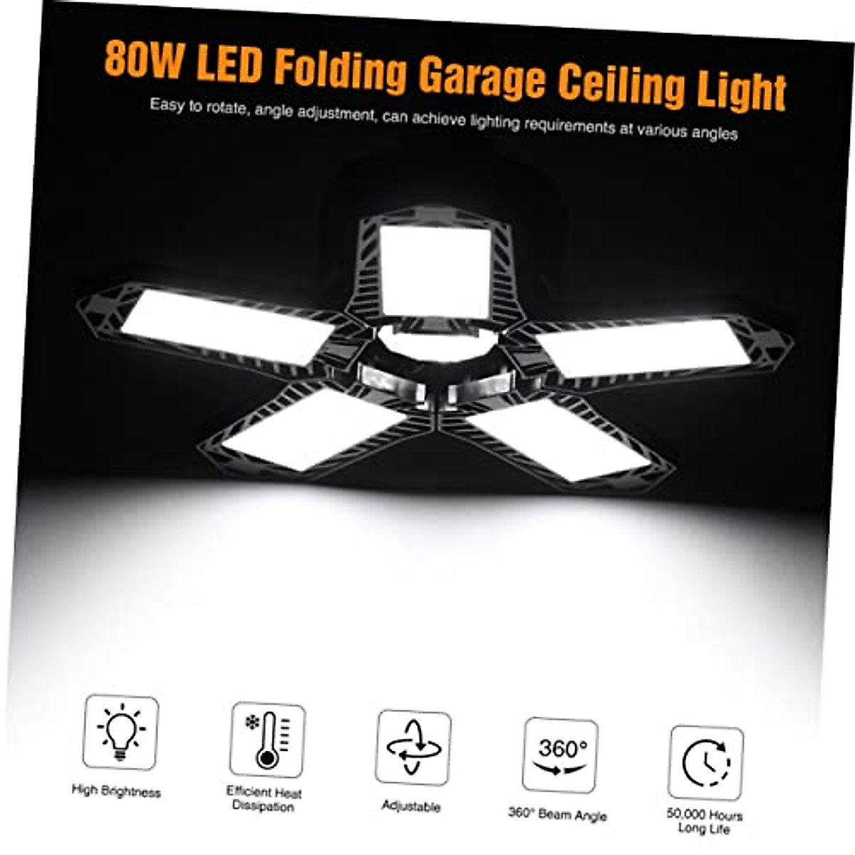 ORFOFE Five Leaves Garage Light Garage Flush Light Decorative Ceiling Lights Deformable Lamp Wide-Angle Garage Lights Overhead LED Shop Lights Flush Mount Ceiling Lights Plastic Black