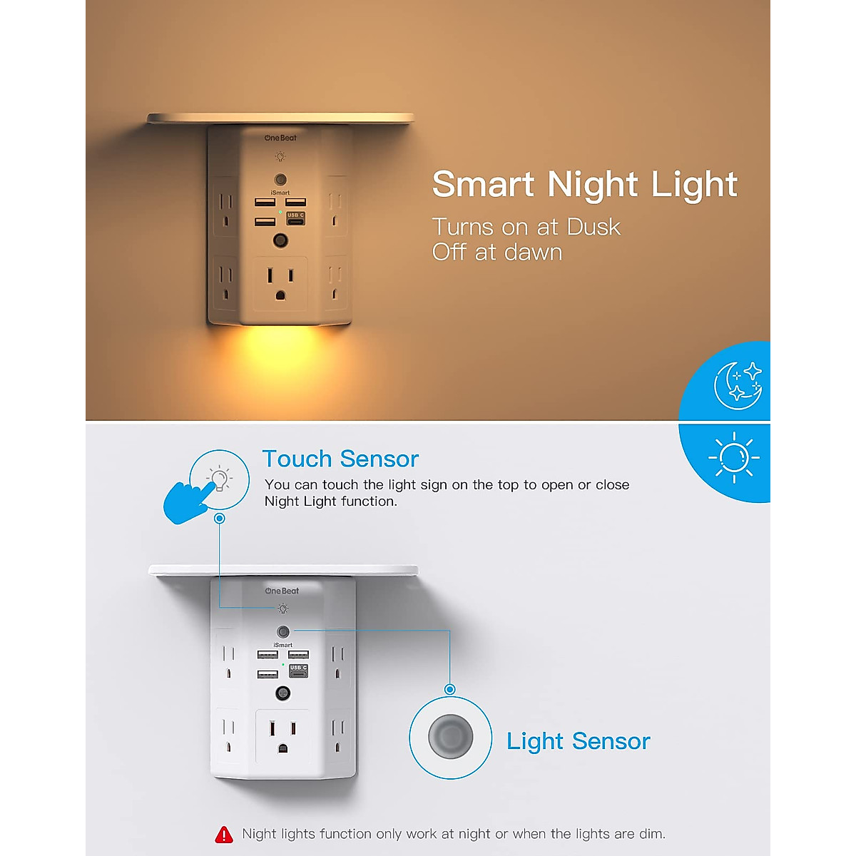 Multi Plug Outlets, Wall Outlet Extender with Night Light and Outlet Shelf, Surge Protector 4 USB Ports(1 USB C), USB Wall Charger Power Strip Electric Outlet Splitter for Home Office