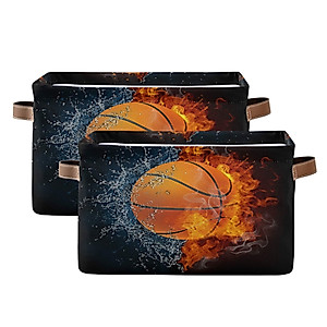 AUUXVA Storage Basket Fire Water Basketball Storage Cube Box Durable Canvas Collapsible Toy Basket Organizer Bin with Handles for Shelf Closet Bedroom Home Office