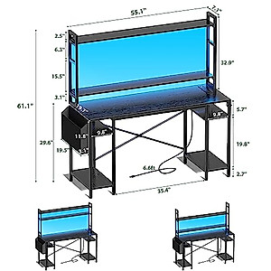 Huuger 55 inch Computer Desk with Adjustable Shelves, Gaming Desk with LED Lights & Power Outlets, Home Office Desk with Monitor Stand, Hooks & CPU Stand, Black
