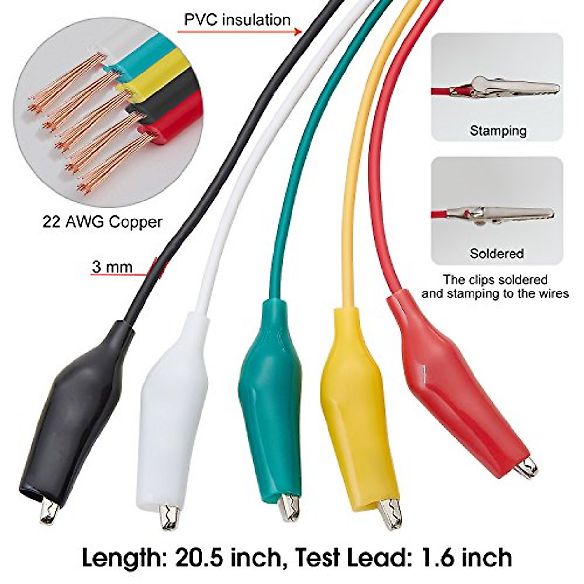 WGGE WG-026 10 Pieces and 5 Colors Test Lead Set & Alligator Clips,20.5 inches / 22 AWG Copper Wire. The Clips soldered and Stamping to The Wires. (1 Pack)