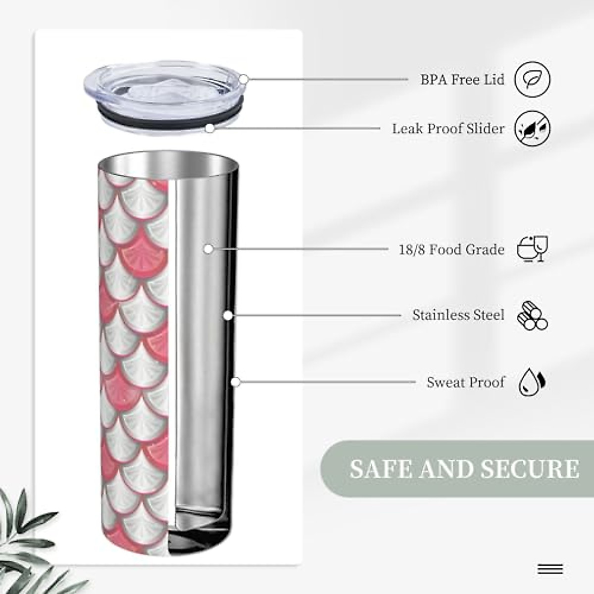 AFHYZY 20 oz Skinny Tumbler Reusable Coffee Travel Mug with Lids and Straws, Insulated Coffee Cups 20oz Stainless Steel Water Bottles Leak Proof for Adults, Women - Mermaid