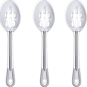 Super Strong, Ergonomic 11 in Serving Spoon 3 Pk. Big, Slotted Stainless Steel Spoons for Cooking, Baking and Basting. Best Kitchen Flatware for Buffet and Banquet Service in Restaurants and Homes
