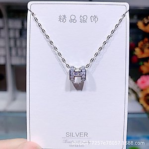AOOF S925 Sterling Silver Necklace Female Letter Diamond H Pendant Temperament Simple Fashion Clavicle Chain Xl00185 Silver