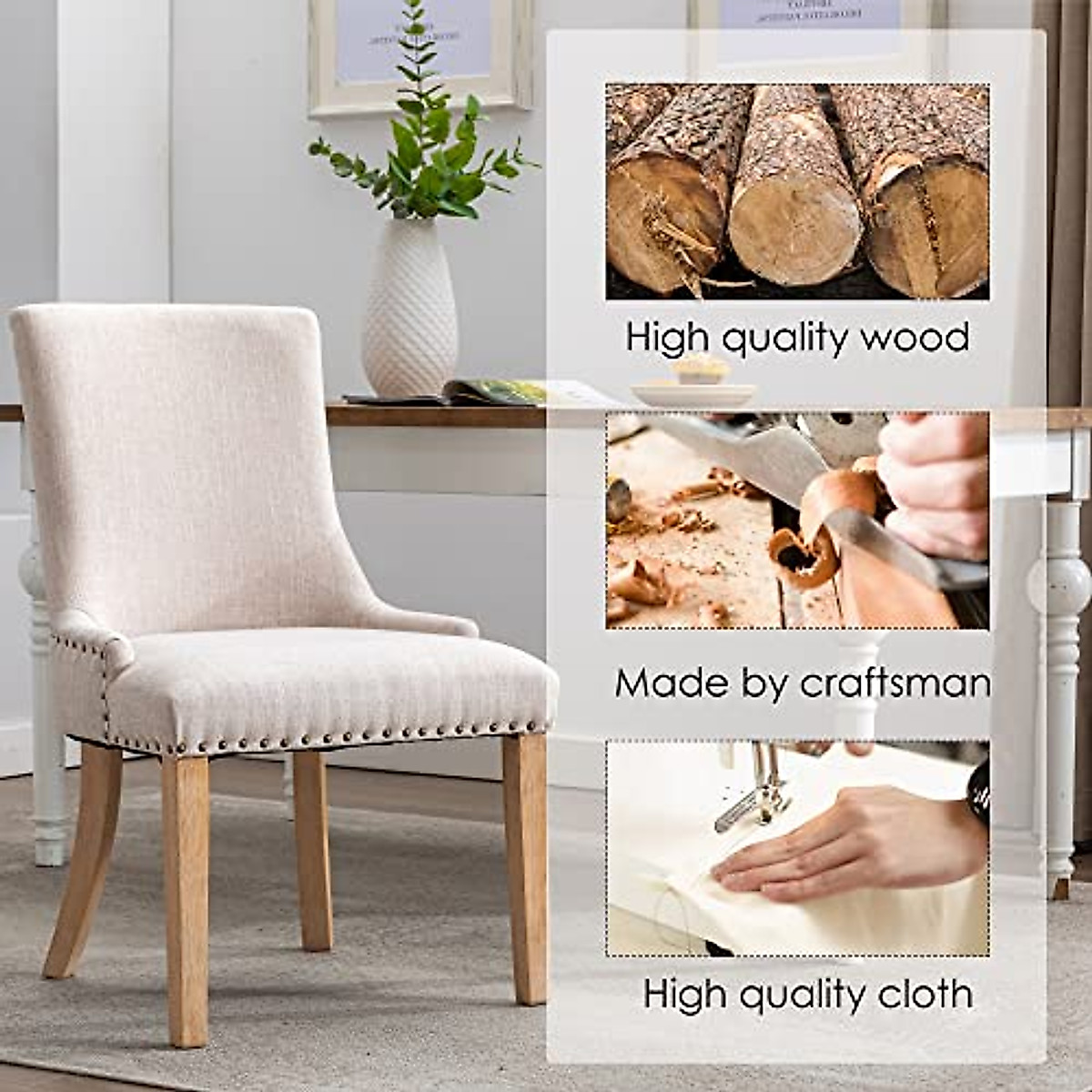 KCC Fabric Dining Chairs Set of 2 Upholstered Dining Room Chair with Solid Wood Legs,Modern Style Armless Chair with Nailhead Trim for Kitchen, Beige