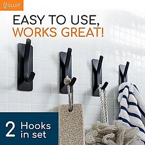 GLUIT Adhesive Towel Hooks for Bathroom Wall Hooks for Hanging Heavy Duty Coat Rack Sticky Hanger for Door Holder Durable Stainless Steel Dark Black- 2 Pack