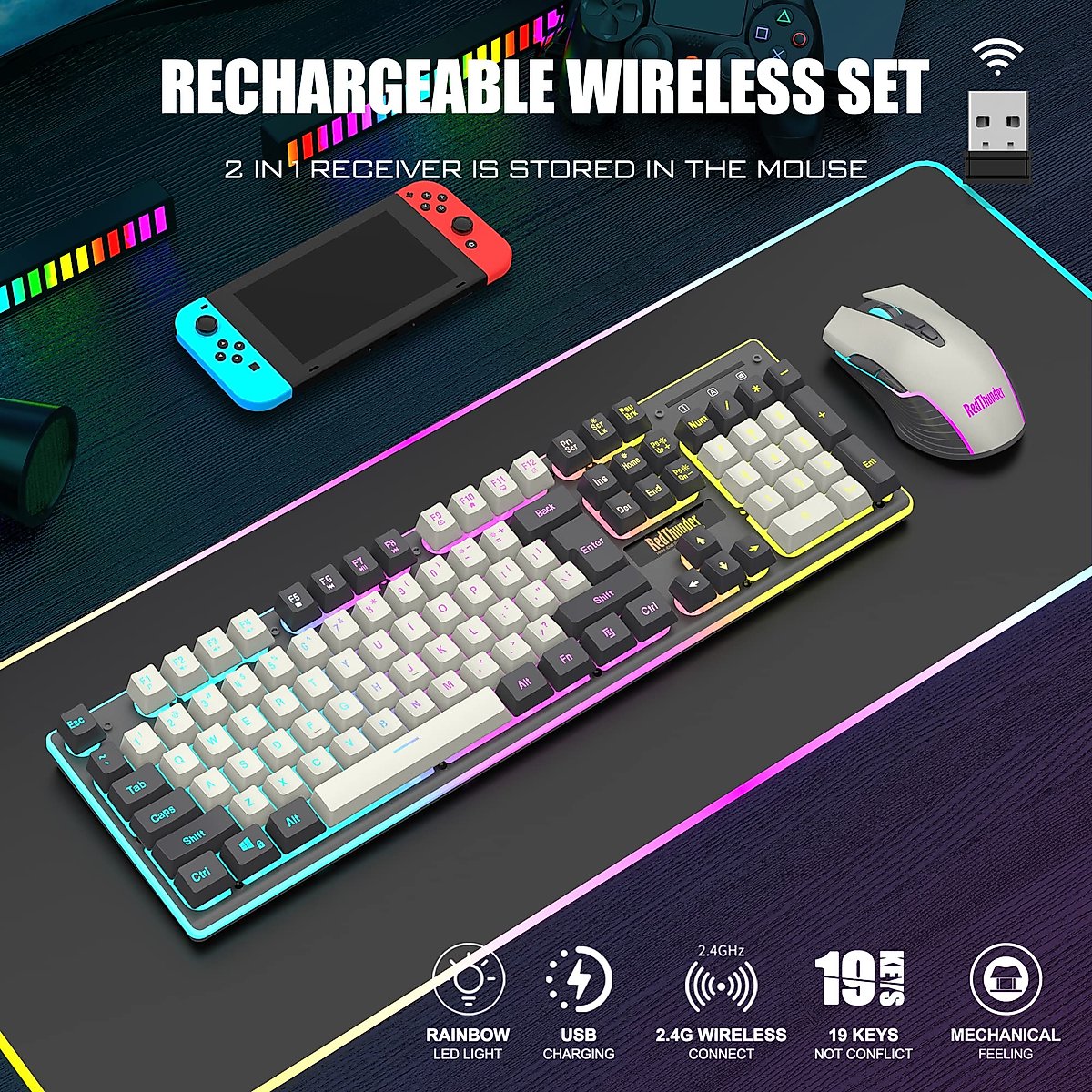 RedThunder K10 Wireless Gaming Keyboard and Mouse Combo, LED Backlit Rechargeable 3800mAh Battery, Mechanical Feel Anti-ghosting Keyboard + 7D 3200DPI Mice for PC Gamer (White-Gray)