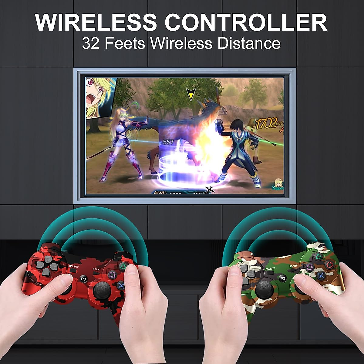 BUERTT PS3 Controller Wireless 2 Pack,Upgraded Remote Controller for PS3,6-Axis Motion,Double Vibration,USB Charging Cable (Camo Red and Camo Green)